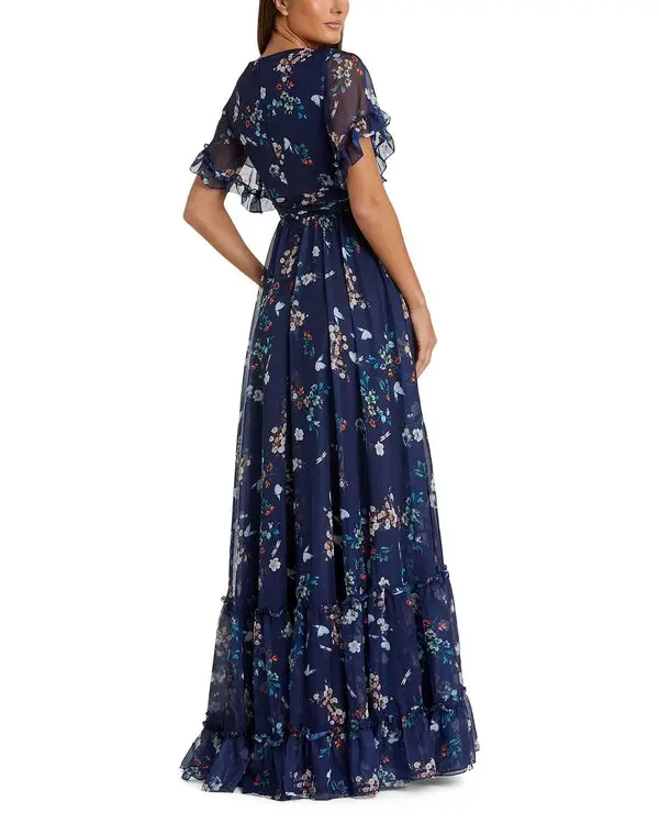 Mac Duggal Flounce Sleeve Floral Maxi Dress - Navy Multi