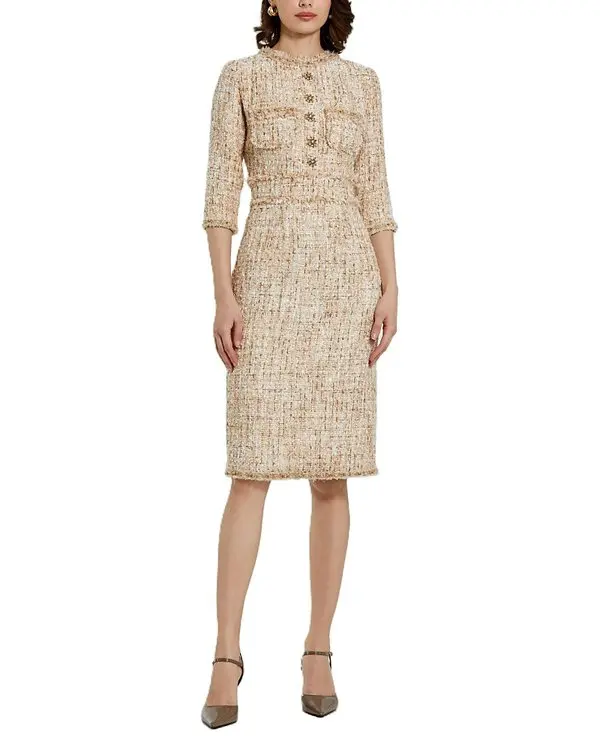 Mac Duggal 3/4 Sleeve Beaded Trim Patch Pocket Midi Dress - Blush