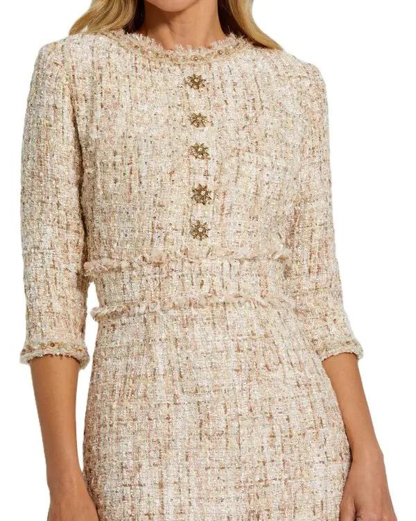 Mac Duggal 3/4 Sleeve Beaded Trim Patch Pocket Midi Dress