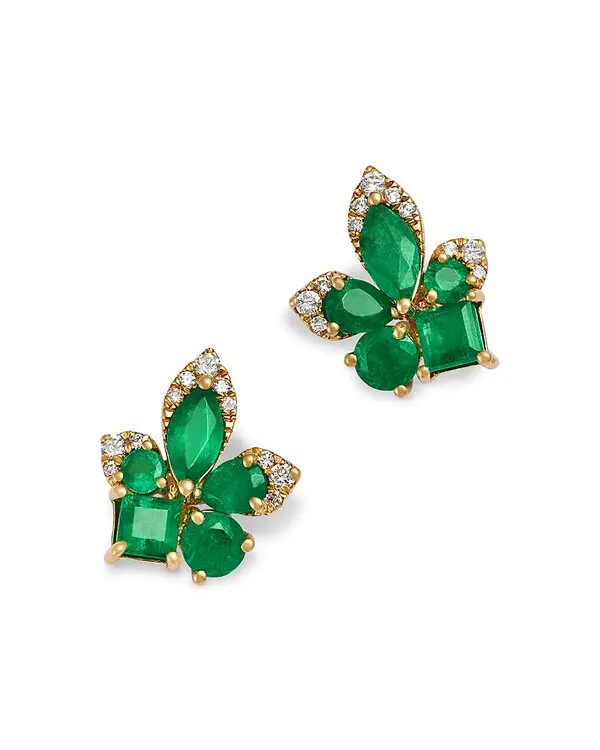 Bloomingdale'S 14k Yellow Gold Emerald & Diamond Flower Stud Earrings - Green/gold