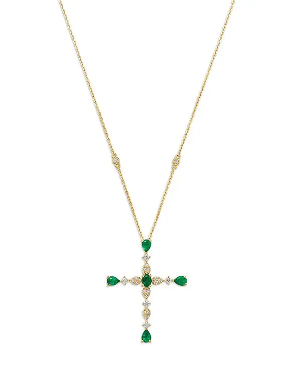 Bloomingdale'S Emerald And Diamond Cross Pendant Necklace In 14k Yellow Gold - Green/gold