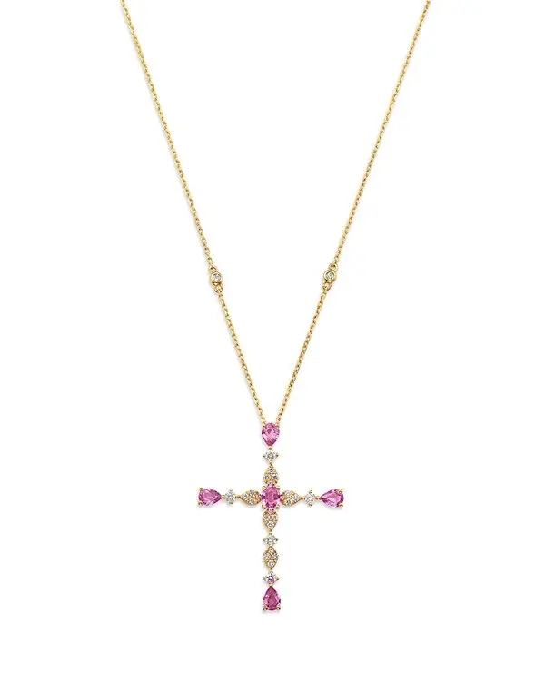 Bloomingdale'S Pink Sapphire And Diamond Cross Pendant Necklace - Pink/gold