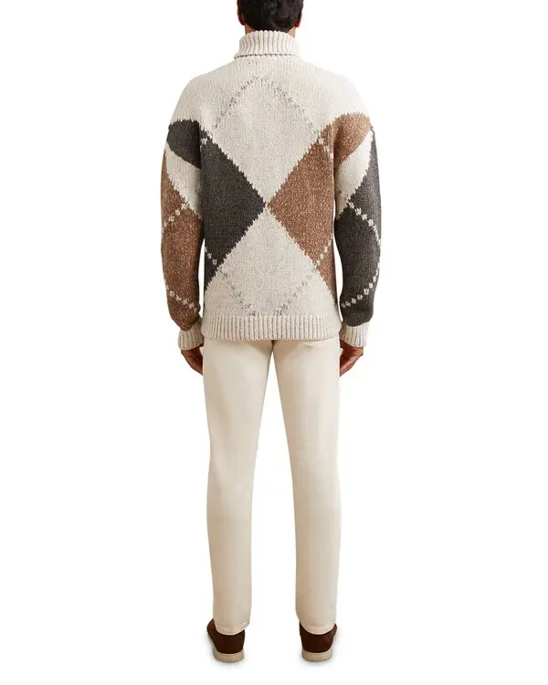 REISS Relaxed Fit Roll Neck Argyle Sweater - Camel Brown