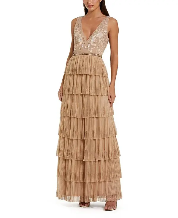 Mac Duggal Beaded Mesh V-neck Gown With Tiered Ruffles