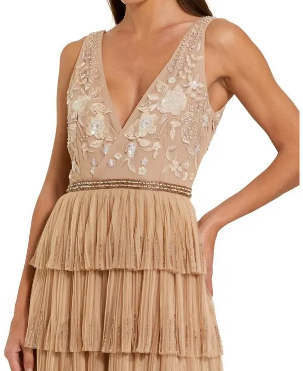 Mac Duggal Beaded Mesh V-neck Gown With Tiered Ruffles