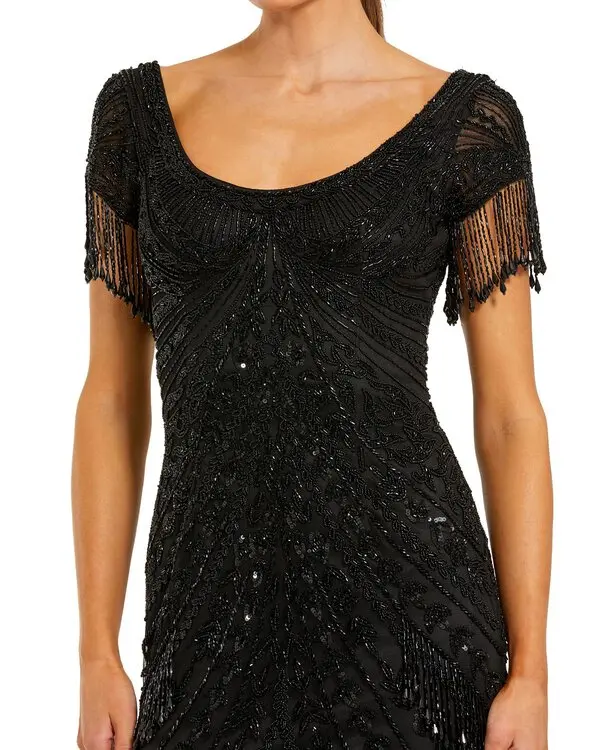Mac Duggal Beaded Mesh Fringe Short Sleeve Column Gown