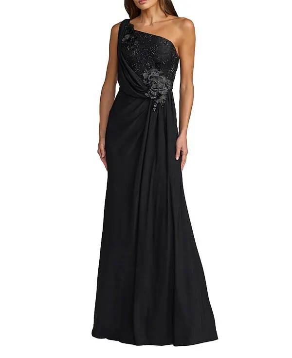 Mac Duggal Jersey One-shoulder Cowl Gown With 3d Flowers - Black