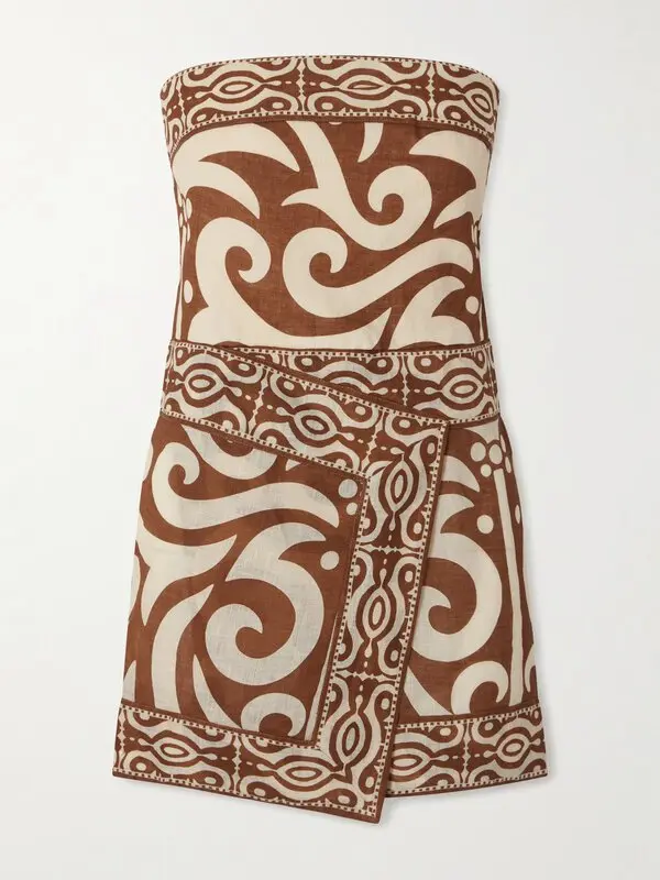 Johanna Ortiz Raiz Ritual Strapless Printed Linen Mini Dress - Brown