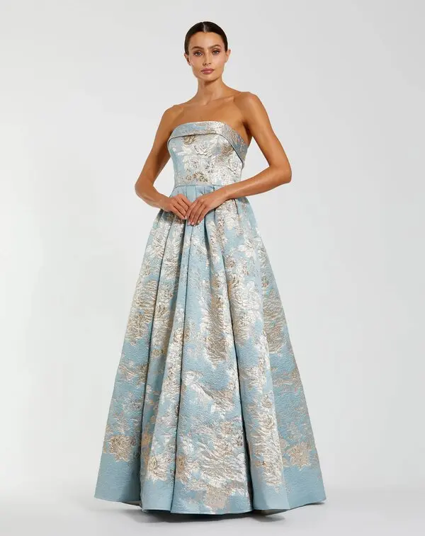 Mac Duggal Strapless Brocade Ball Gown With Pockets - Blue