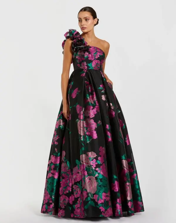 Mac Duggal Floral Brocade One Shoulder Ball Gown
