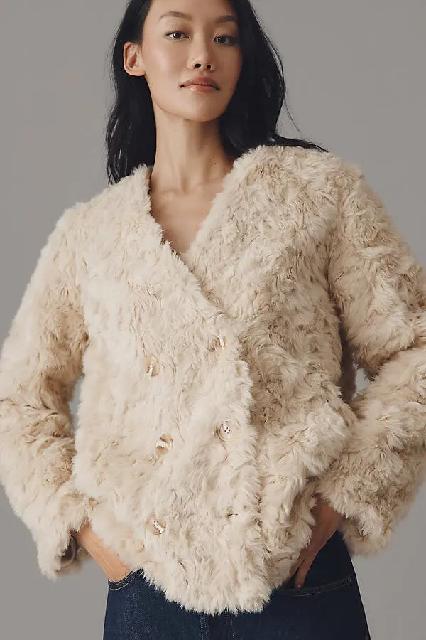 Maeve Faux Fur Double-breasted Jacket - Natural