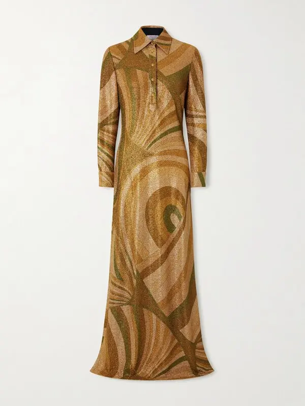 Emilio Pucci Printed Jersey-Lam Maxi Dress - Gold | Editorialist