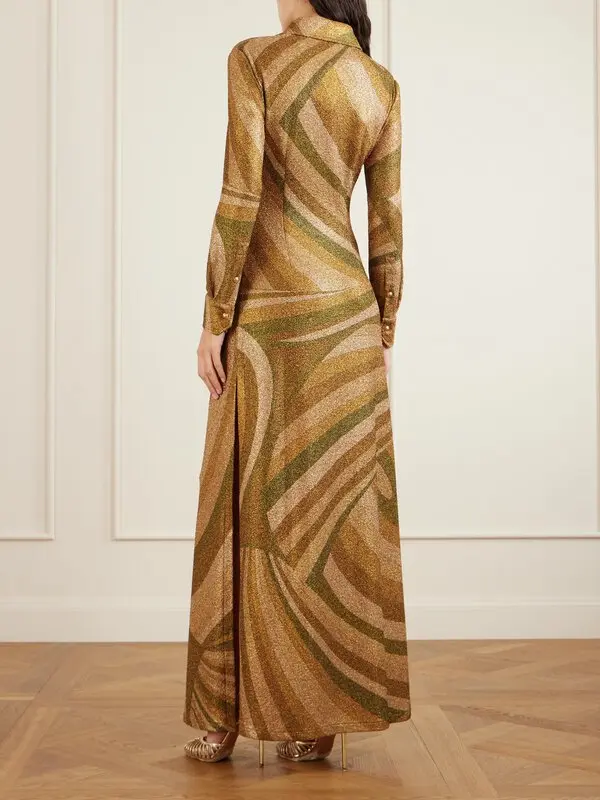 Emilio Pucci Printed Jersey-Lam Maxi Dress - Gold | Editorialist
