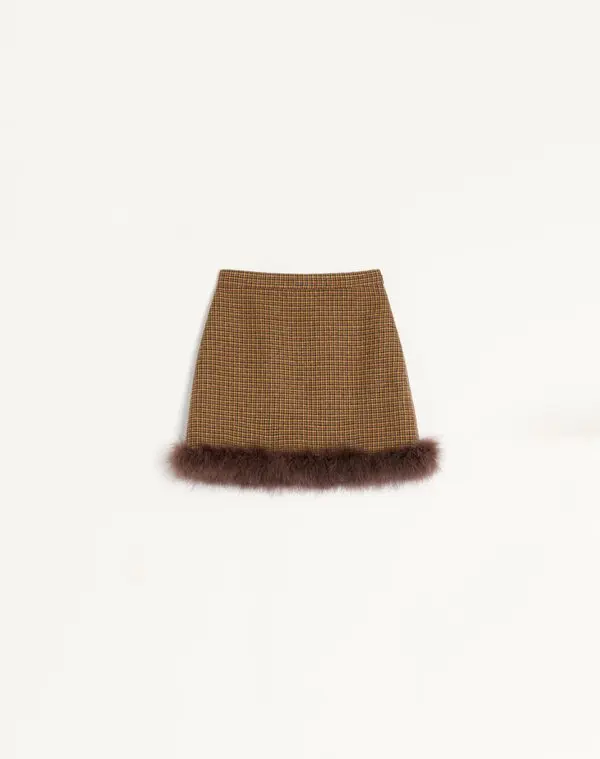 Valentino Garavani Houndstooth Skirt With Feather Boa Hem - Brown