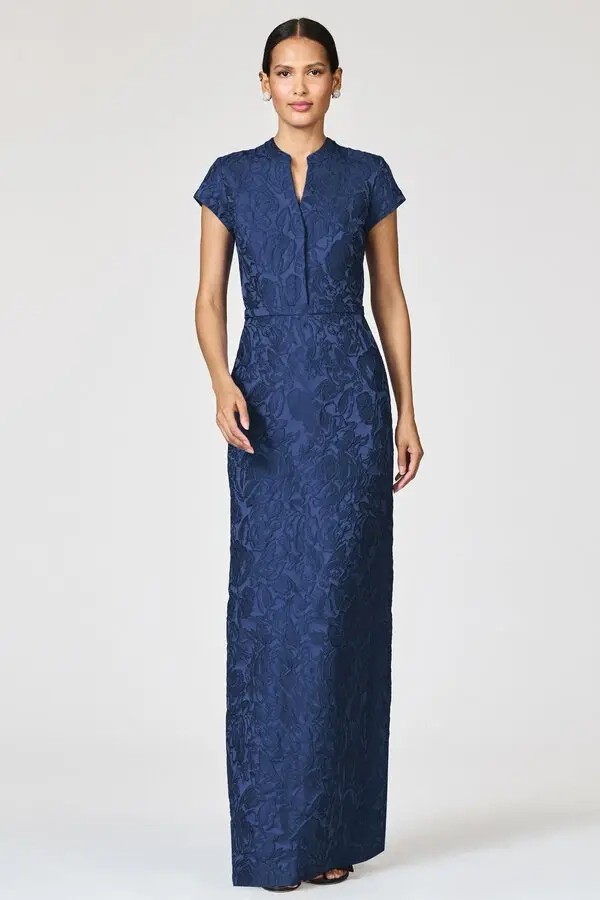 Sachin & Babi Mandarin V-neck Cloque Gown - Midnight