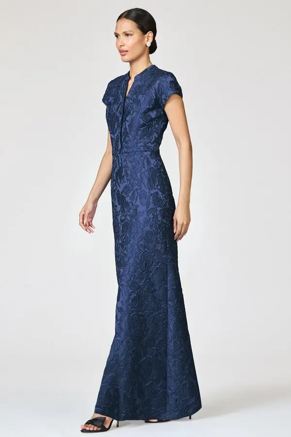 Sachin & Babi Mandarin V-neck Cloque Gown - Midnight