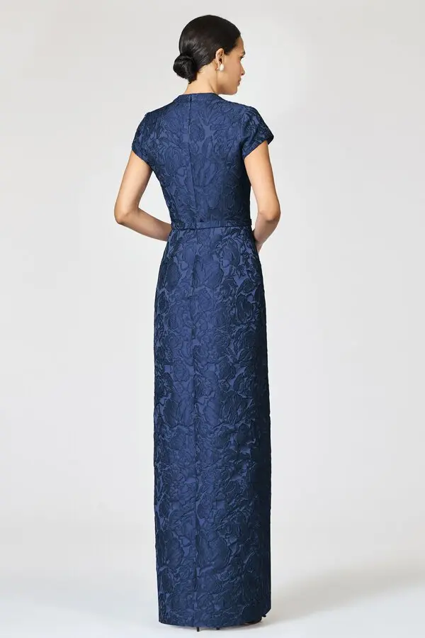 Sachin & Babi Mandarin V-neck Cloque Gown - Midnight