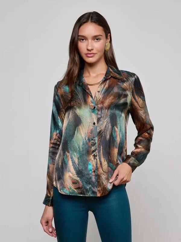 L'Agence Tyler Silk Blouse Top - Teal Multi Mix Feather