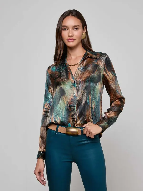 L'Agence Tyler Silk Blouse Top - Teal Multi Mix Feather