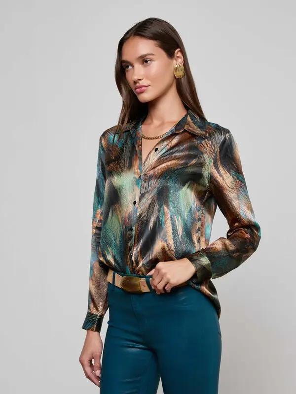 L'Agence Tyler Silk Blouse Top - Teal Multi Mix Feather