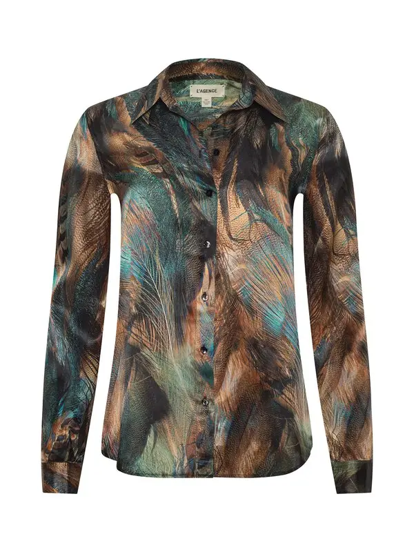 L'Agence Tyler Silk Blouse Top - Teal Multi Mix Feather