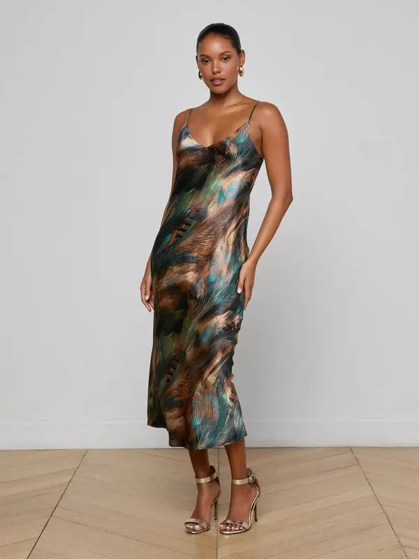 L'Agence Seridie Silk Slip Midi Dress - Teal Multi Mix Feather