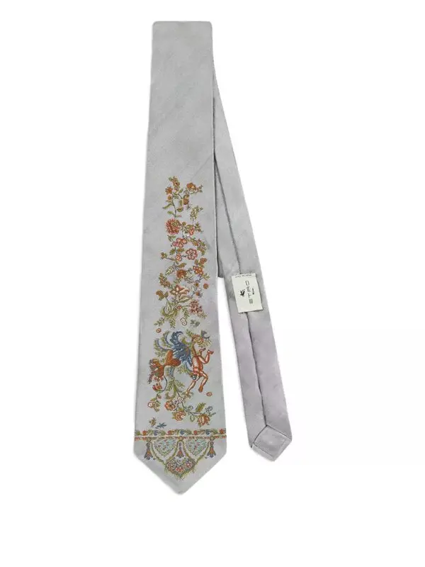 Etro Jacquard Flora Fauna Motif Neck Tie - Grey