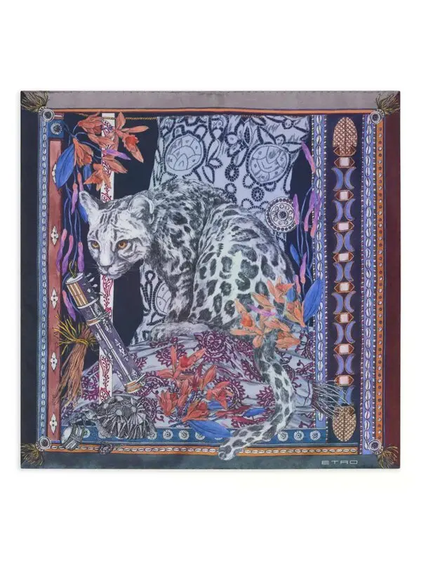 Etro Leopard Print Silk Pocket Square - Blue