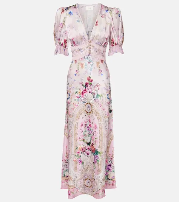 Camilla Lace-trimmed Printed Silk Midi Dress - Pink