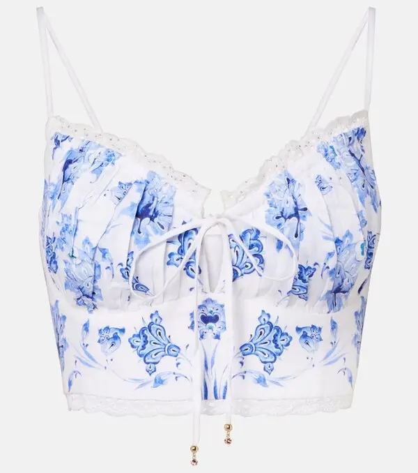 Camilla Printed Lace-trimmed Linen Bra Top - White