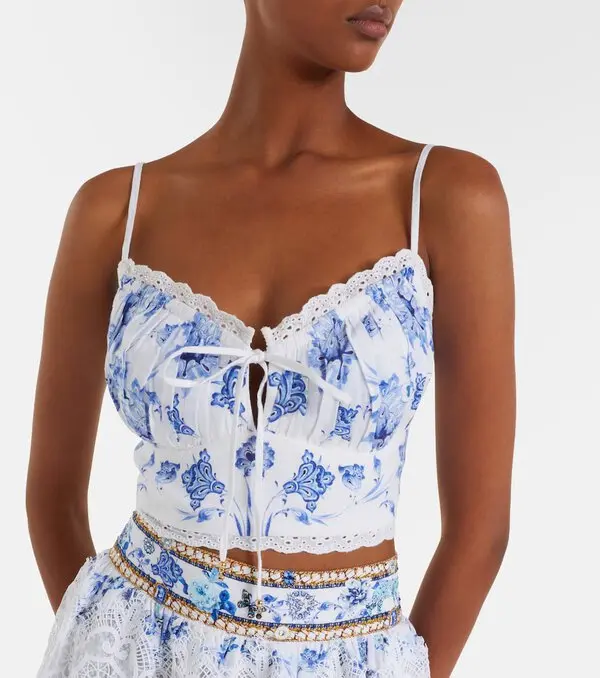 Camilla Printed Lace-trimmed Linen Bra Top