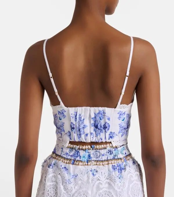 Camilla Printed Lace-trimmed Linen Bra Top