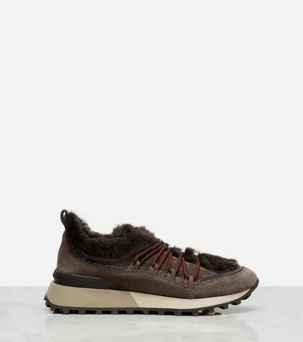 Brunello Cucinelli Shearling-lined Suede Low-top Sneakers - Brown