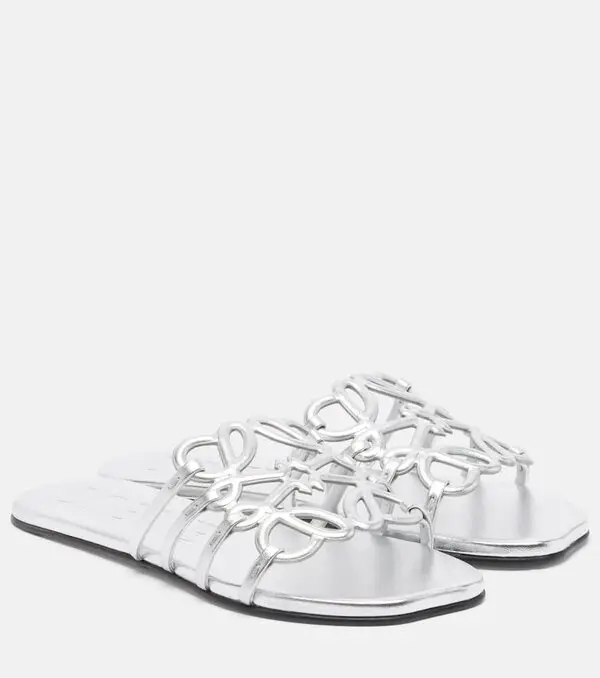 Loewe Petal Anagram Leather Slides - Silver