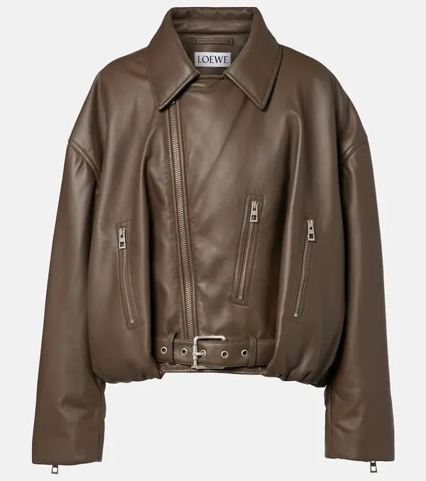 Loewe Cropped Leather Biker Jacket - Brown