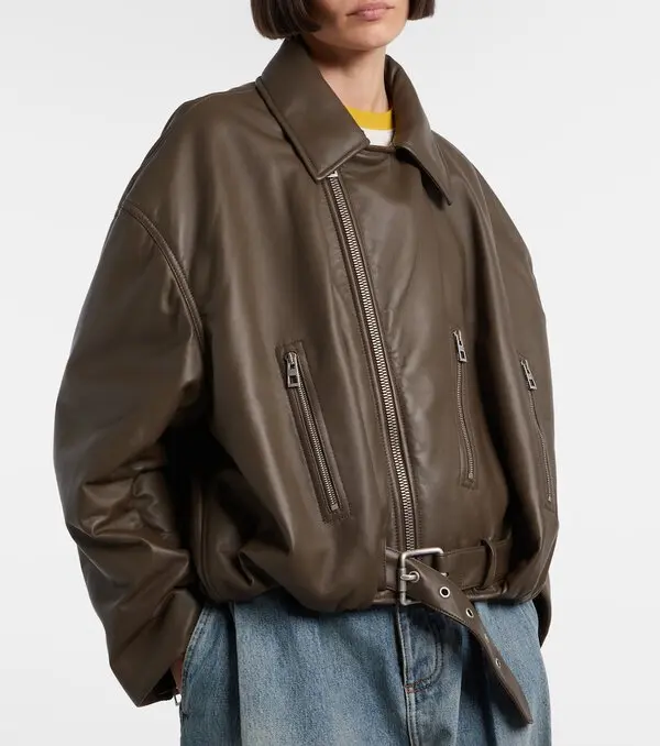 Loewe Cropped Leather Biker Jacket - Brown
