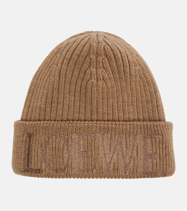 Loewe Logo Embroidered Ribbed-knit Wool Beanie - Beige