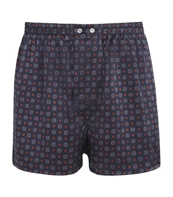 Derek Rose Silk Geo Print Traditional Boxer Shorts - Navy