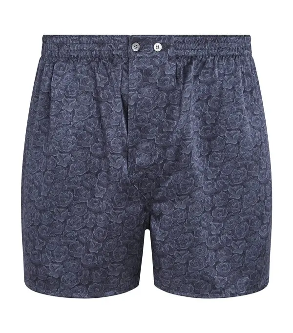 Derek Rose Silk Rose Print Traditional Boxer Shorts - Navy