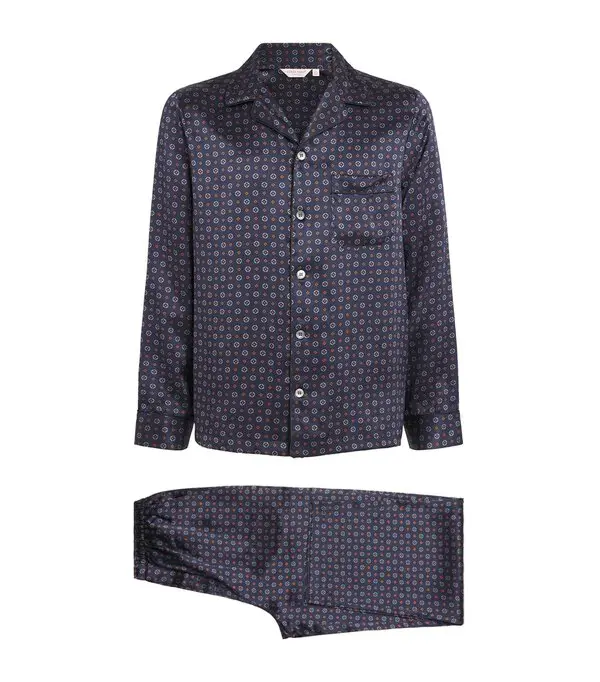 Derek Rose Silk Geometric Brindisi Pyjama Set - Navy