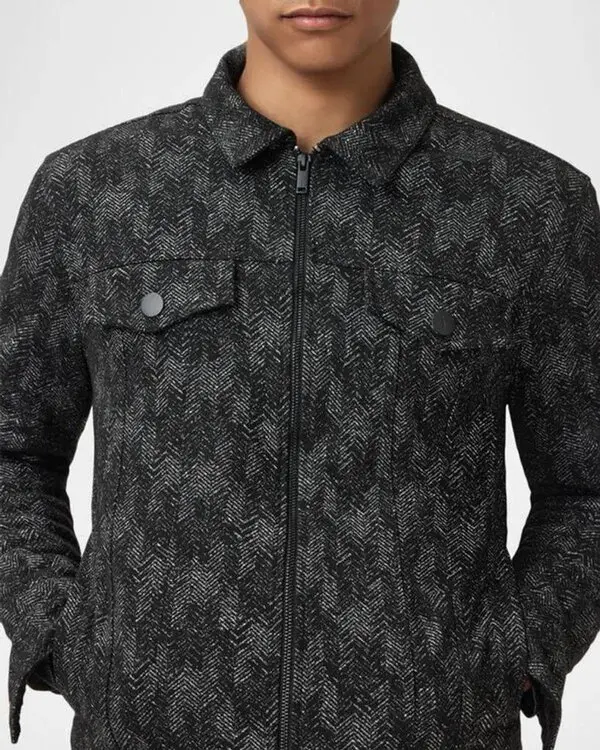 John Varvatos Hallet Jacquard Herringbone Trucker Jacket - Black