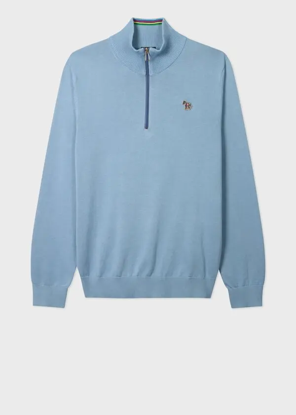 Paul Smith Organic Cotton Quarter Zip Sweater With Zebra Logo - Blue