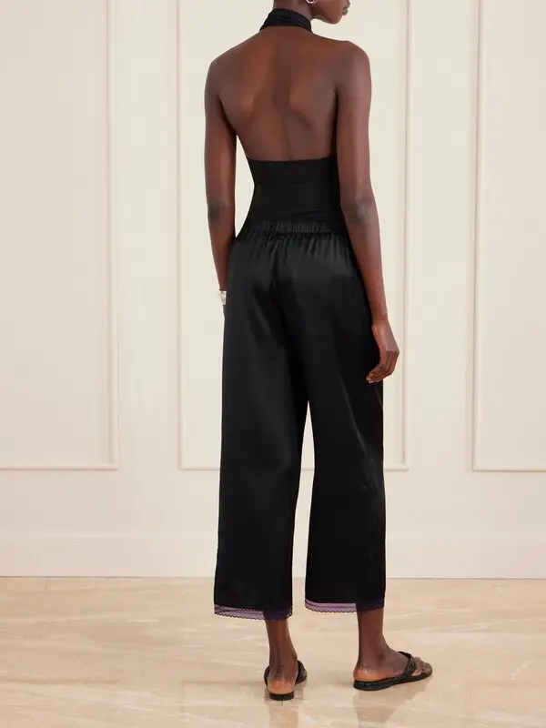Staud Kirby Cropped Lace-trimmed Silk-blend Satin Wide-leg Pants