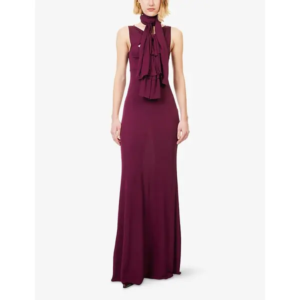 Alaïa High-neck Bow Woven Maxi Dress