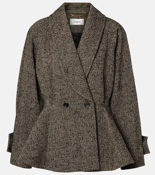 Chloé Herringbone Peplum Wool-blend Coat - Beige