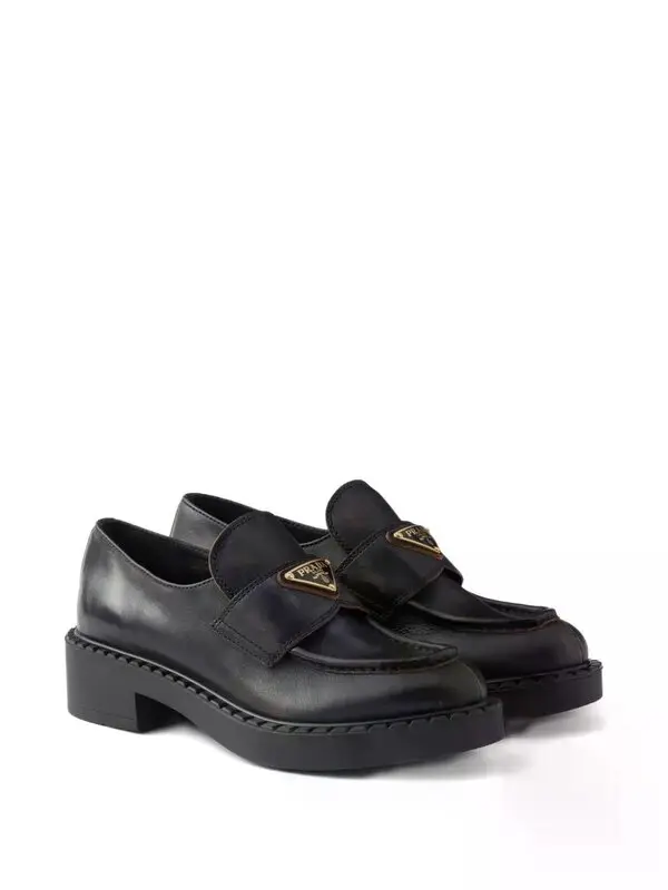 Prada Logo Triangle Leather Loafers - Black