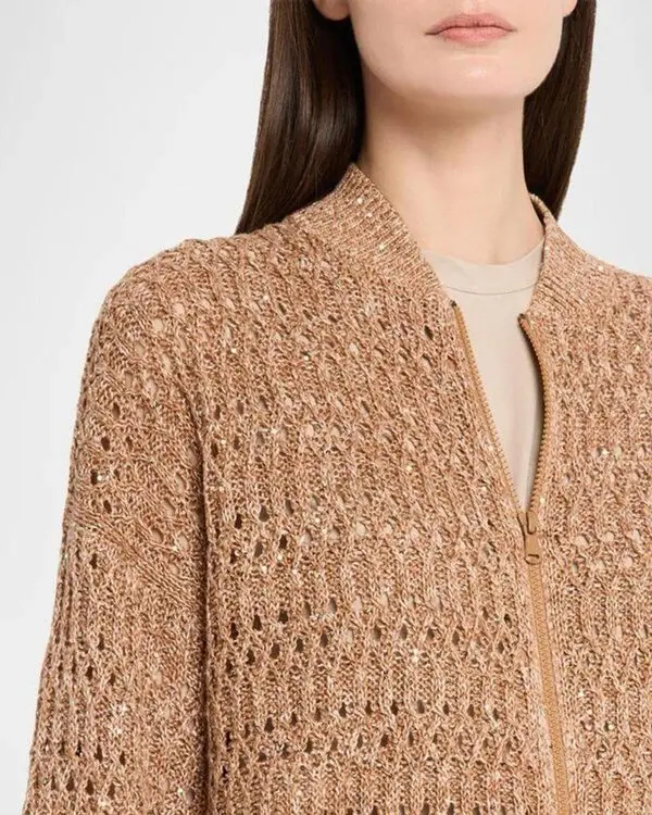 Brunello Cucinelli Paillette Linen Open-knit Zip Cardigan - C8585 Burn