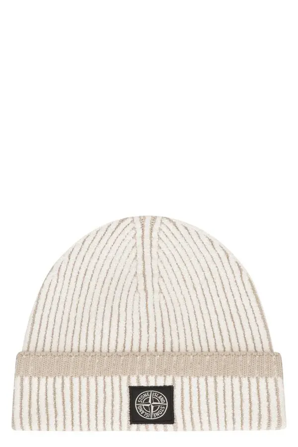 Stone Island Ribbed Knit Wool Hat - Beige