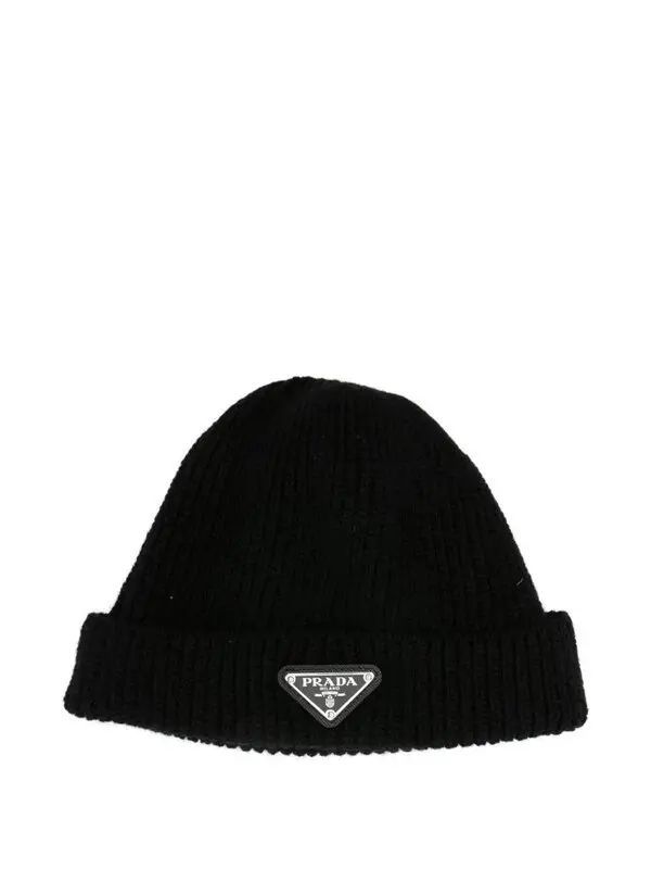 Prada Ribbed Logo-plaque Beanie - Black