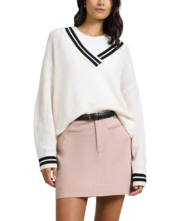 Onia Deep V-neck Varsity Pullover Sweater - Off White/black